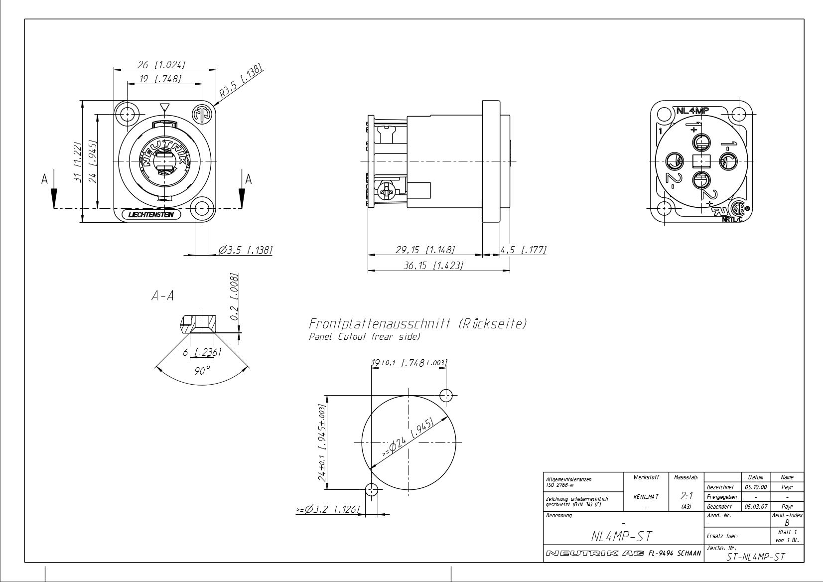 SpeakON - Chassis Plug 4 pole, cable screw fix - NL4MP-ST